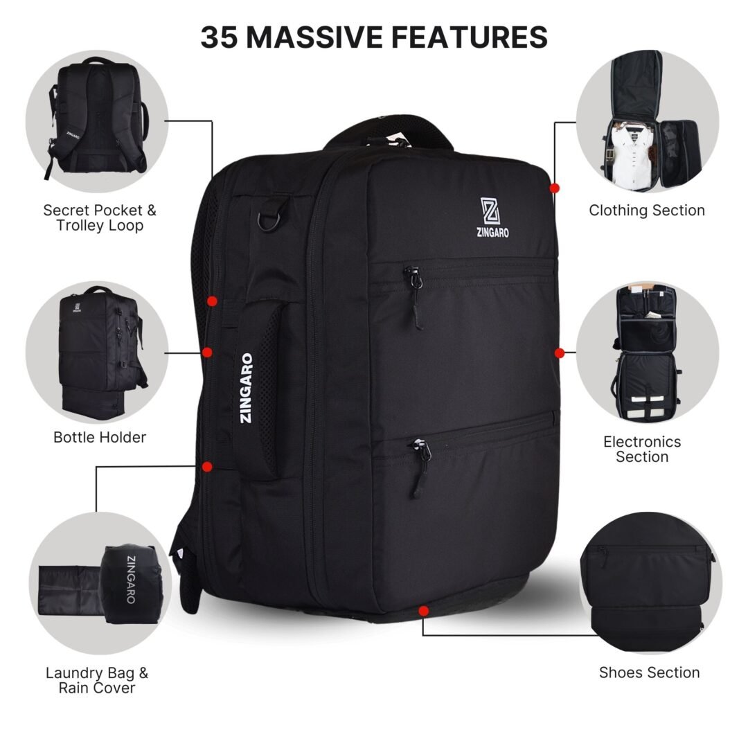 Black Travel Backpack For Men With Laptop Section,Tech Pouch